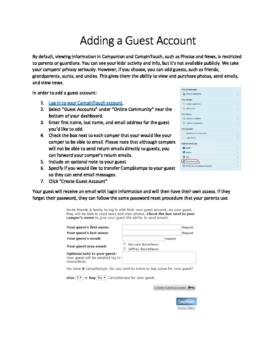 CampMinder Guest Account Instructions | Camp Barney Medintz