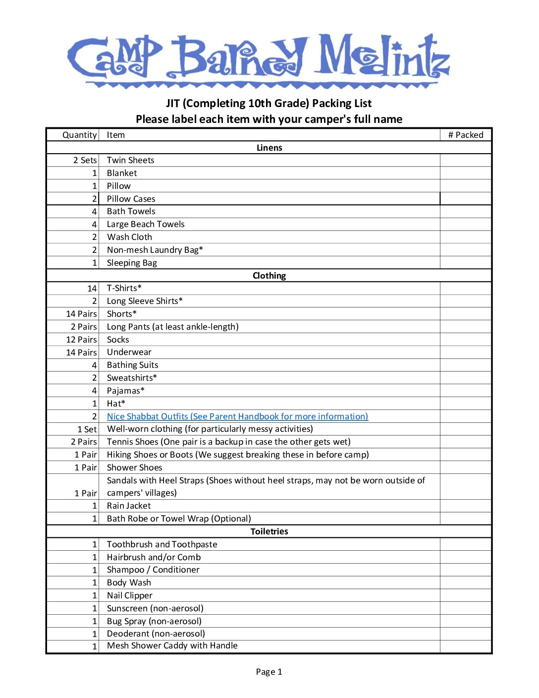 JIT Pack List | Camp Barney Medintz