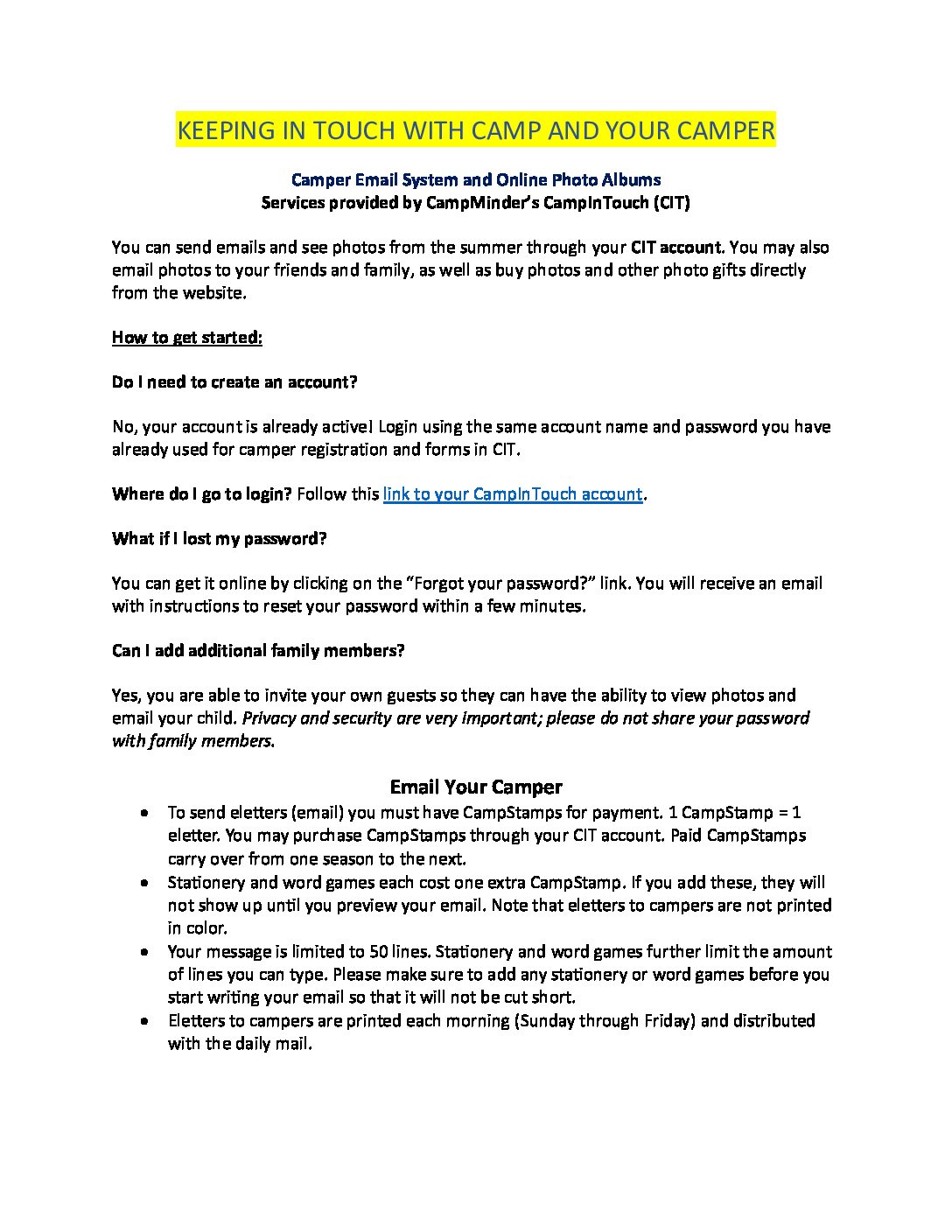 CampInTouch-Communications | Camp Barney Medintz