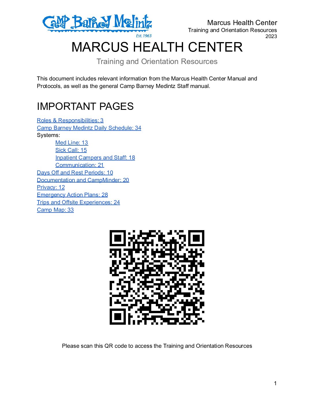 Marcus Health Center Training and Orientation Resources | Camp Barney ...